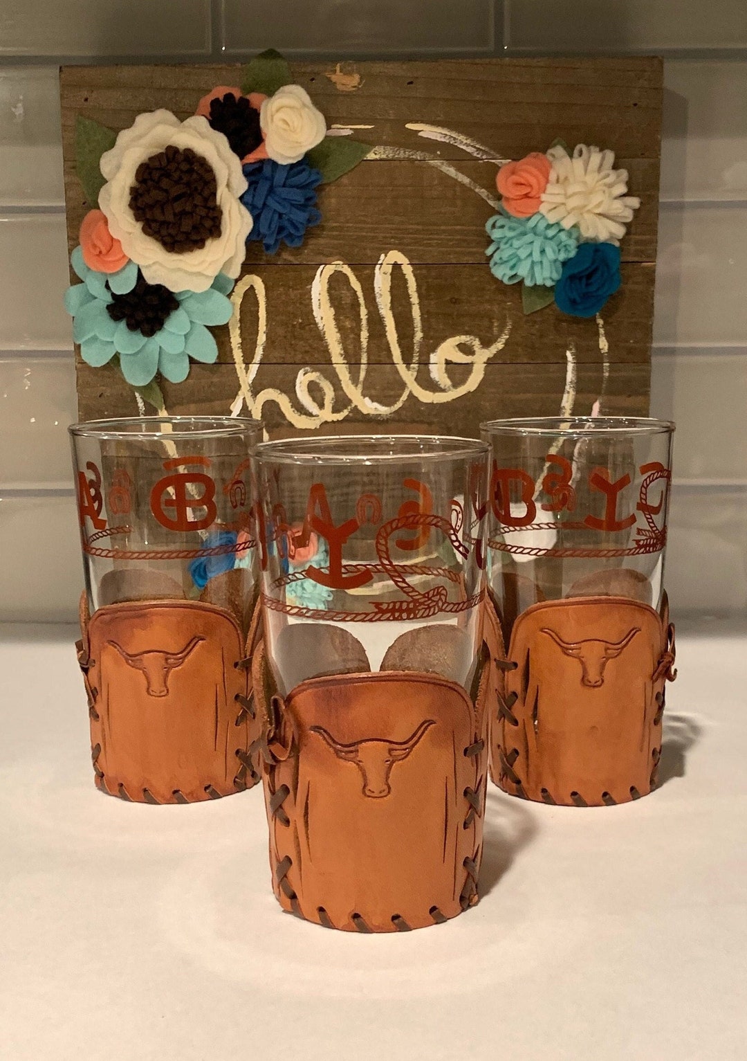 Libbey Bamco Western Tumblers | Glasses With Leather Holders | Vintage ...