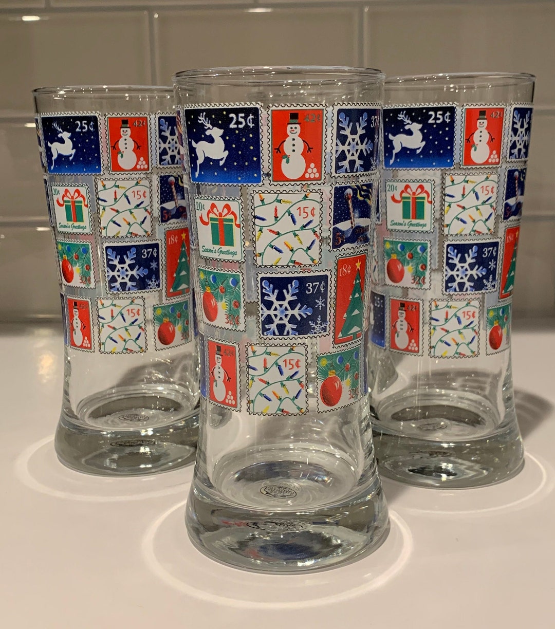 Vintage Christmas Postage Stamp Glass Tumblers: Hostess Set of 4 - Etsy