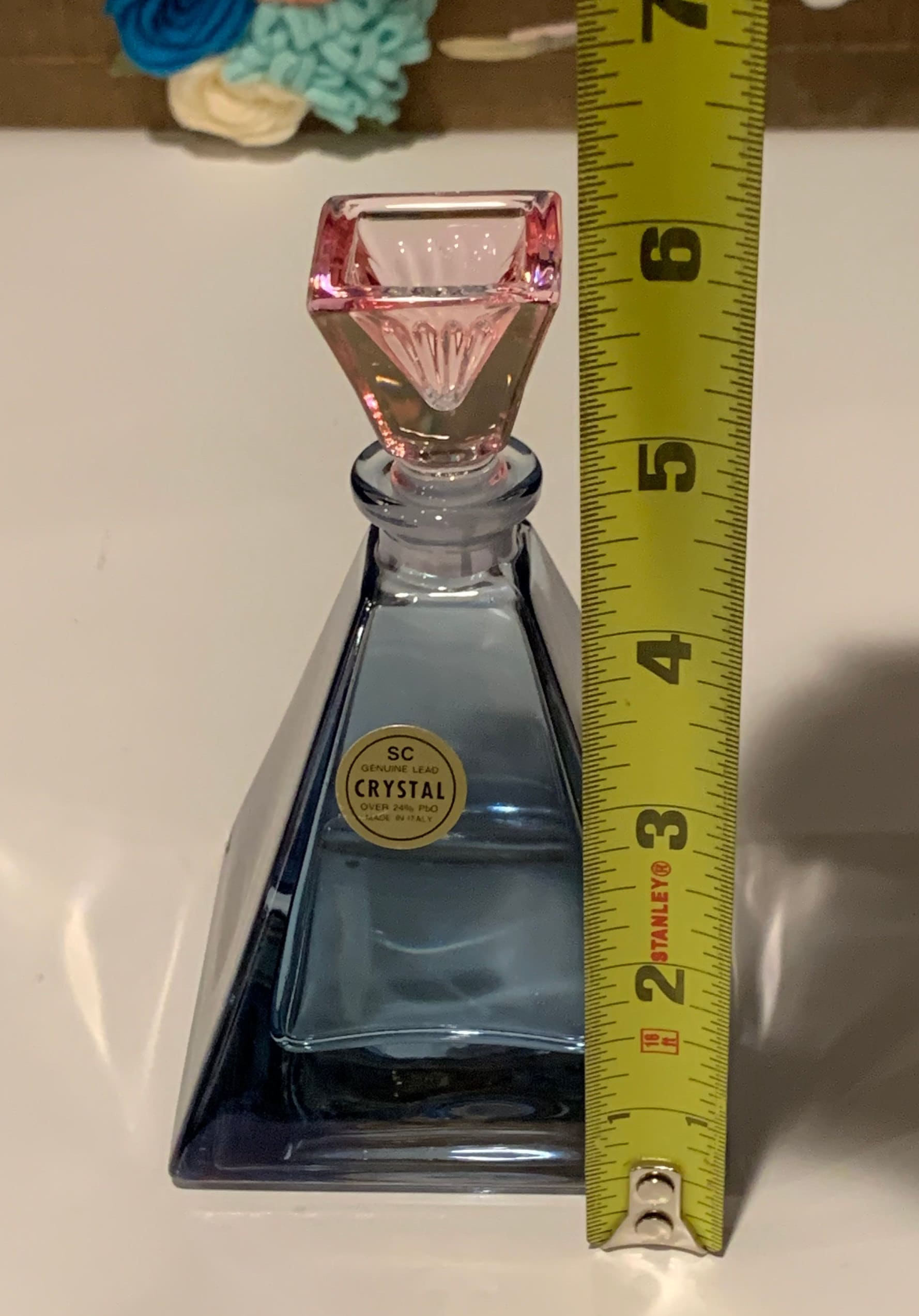 Blue Glass Pyramid Perfume Bottle With Pink Stopper Made in - Etsy