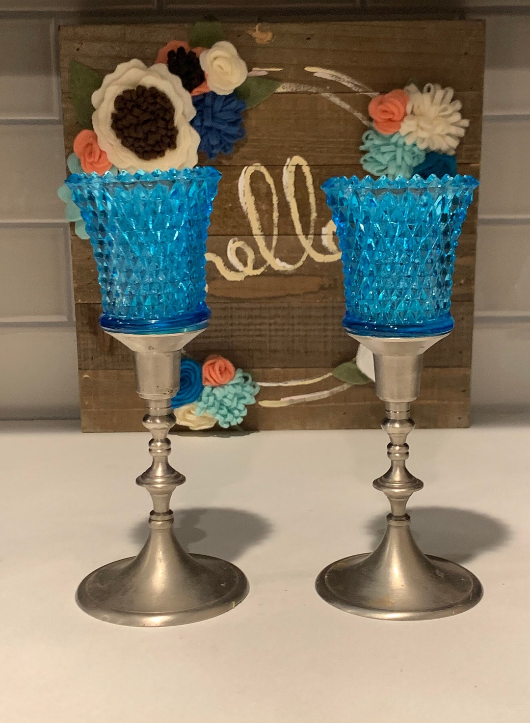 Aqua Blue Diamond Point Candle Holders | Turquoise Candlestick Holders ...