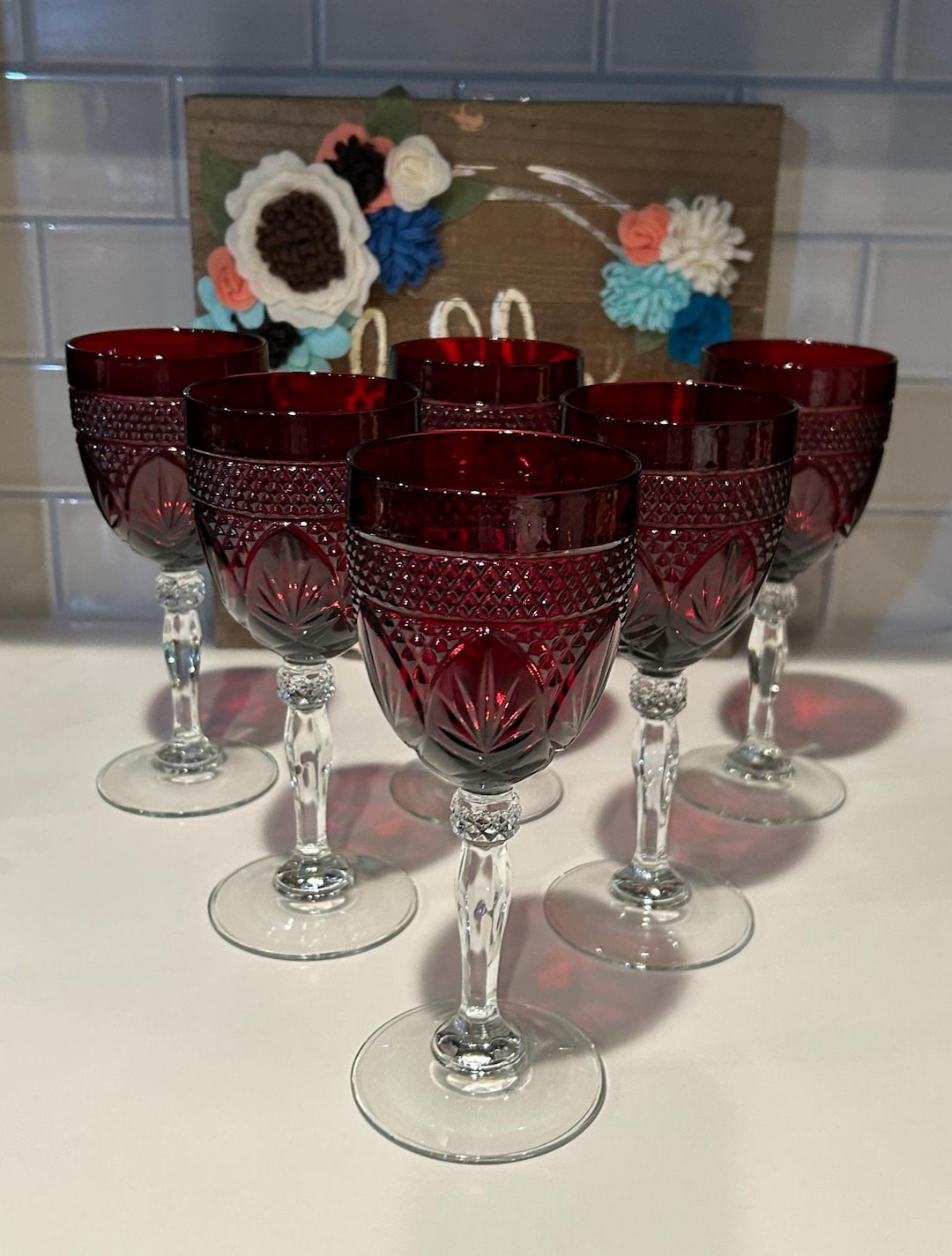 Antique Ruby Red Water Goblets by CRISTAL D'ARQUES-DURAND | Ruby Red ...