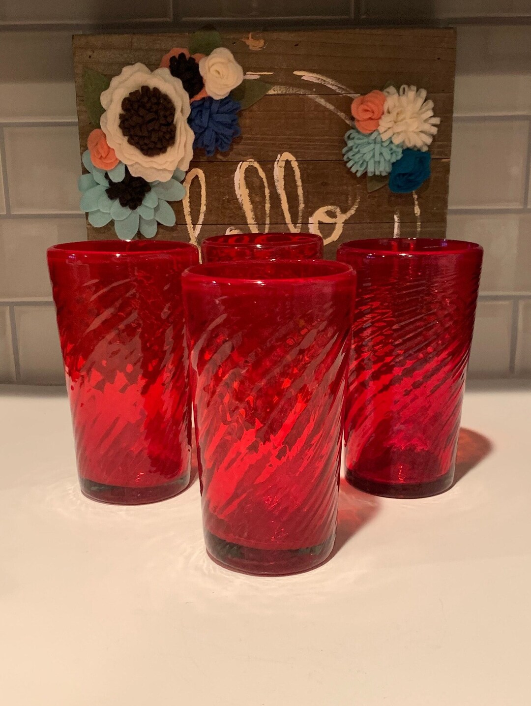 Red Swirl Blown Glass Drinkware | Ruby Ted Iced Tea Glasses - Etsy