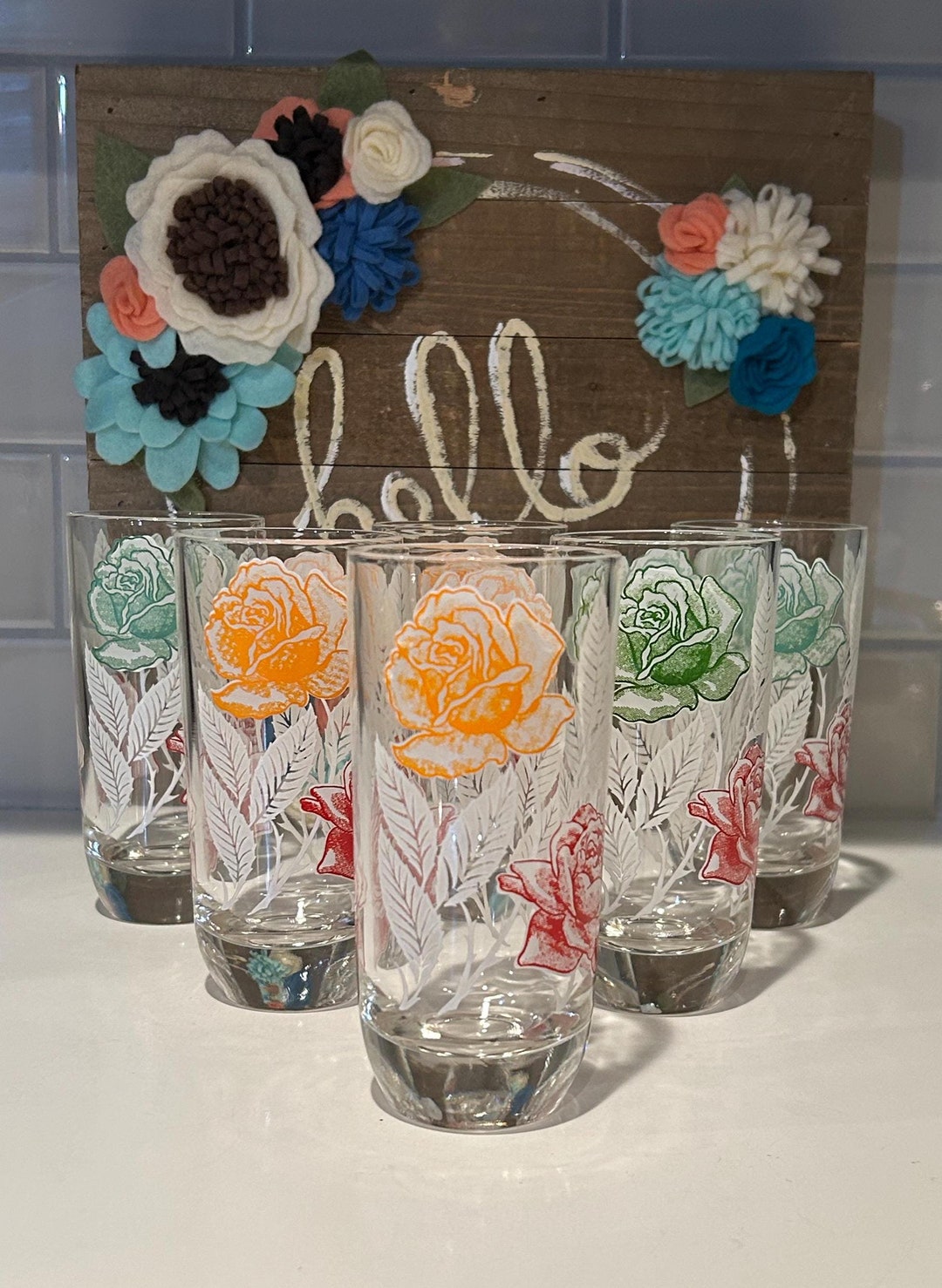 Vintage Rose Drinking Glasses: Colorful Floral Set of 6 - Etsy