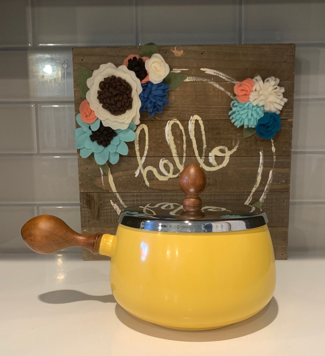 Yellow Enamel Pot With Wooden Handle | Yellow Kitchen Cookware - Etsy