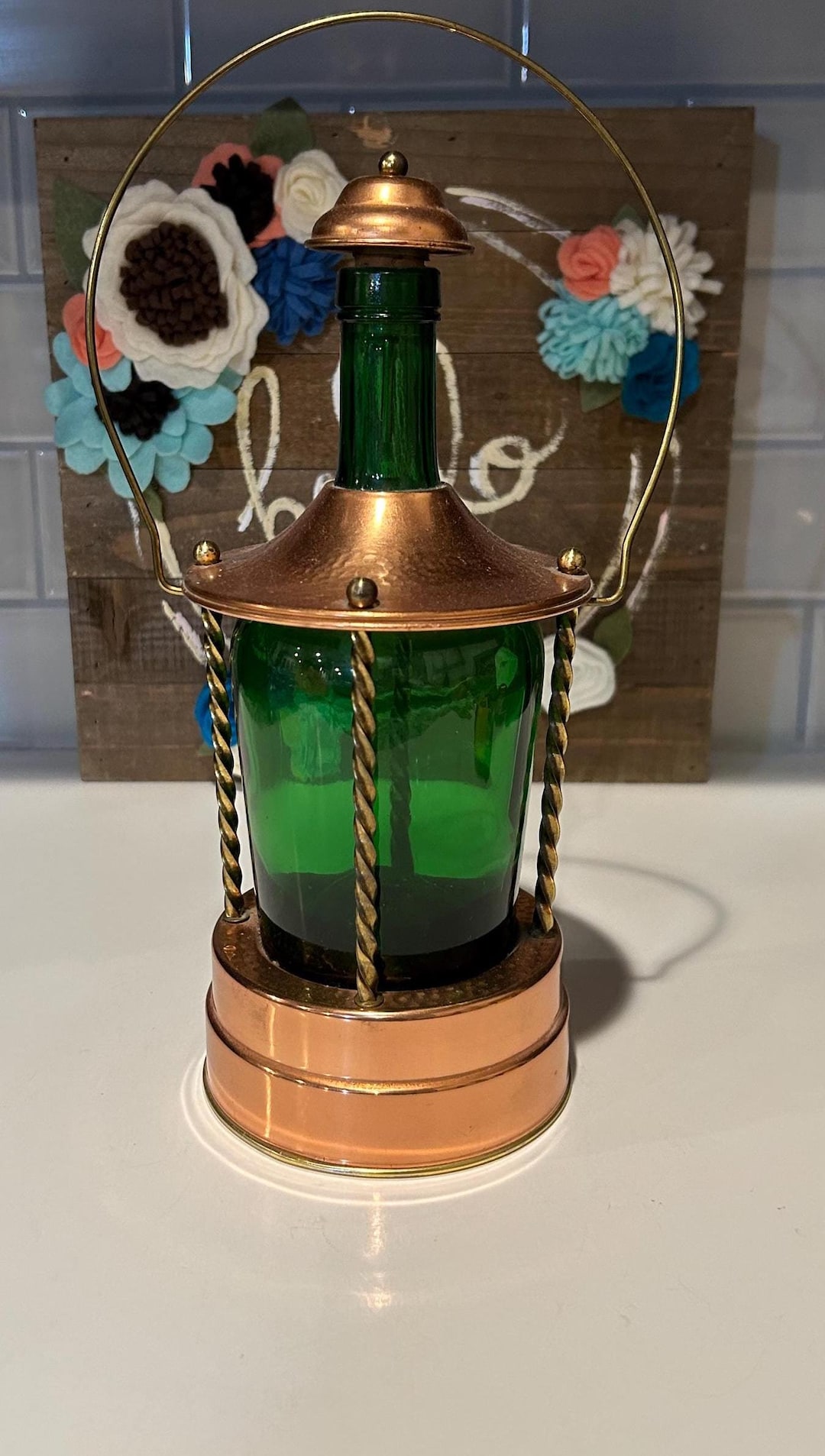Lantern Liquor Decanter | Copper and Green Glass Musical Liquor Bottle ...
