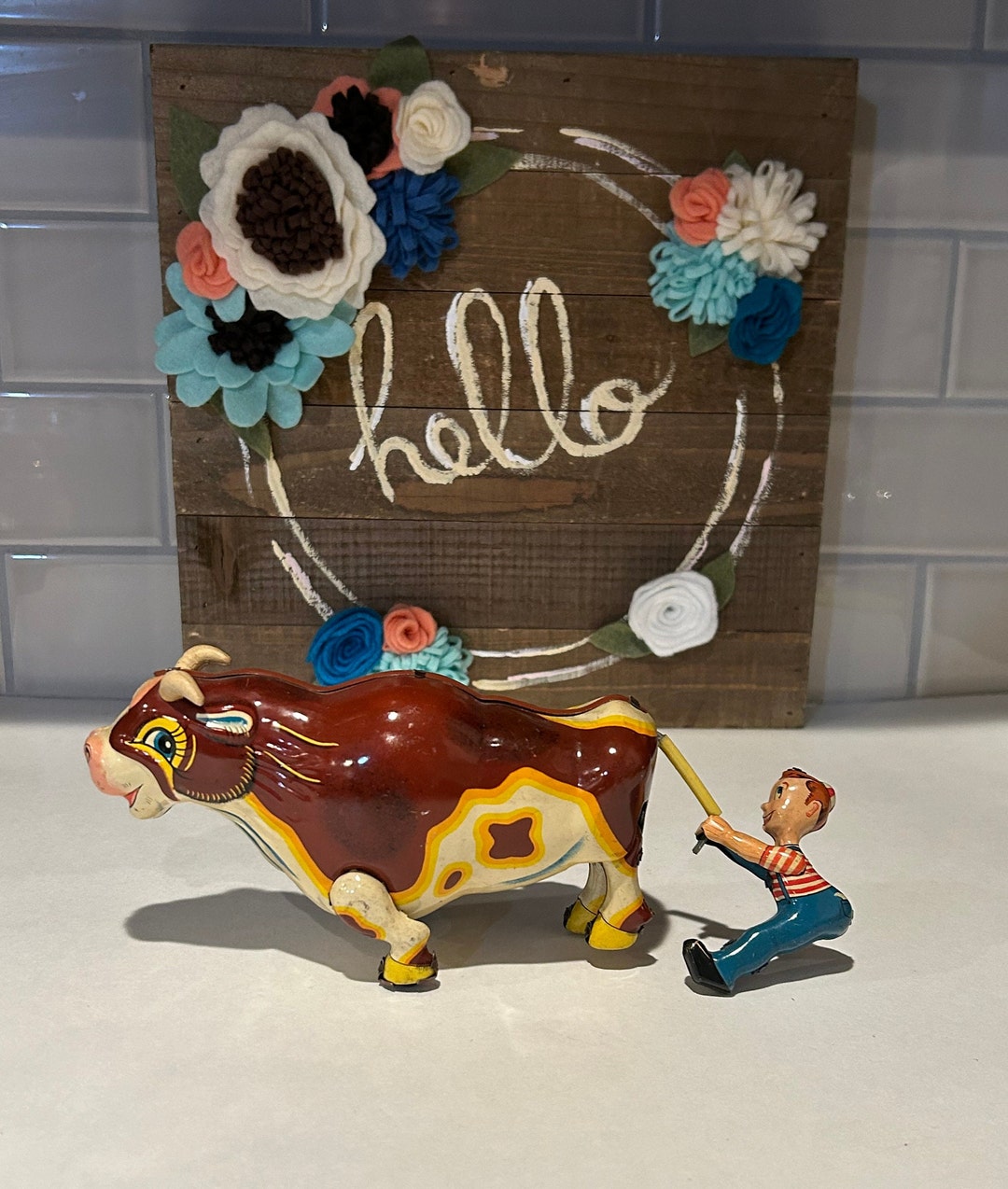 Roaring Bull and Boy Wind up Tin Toy Collectable Wind up Tin Toys Bull ...