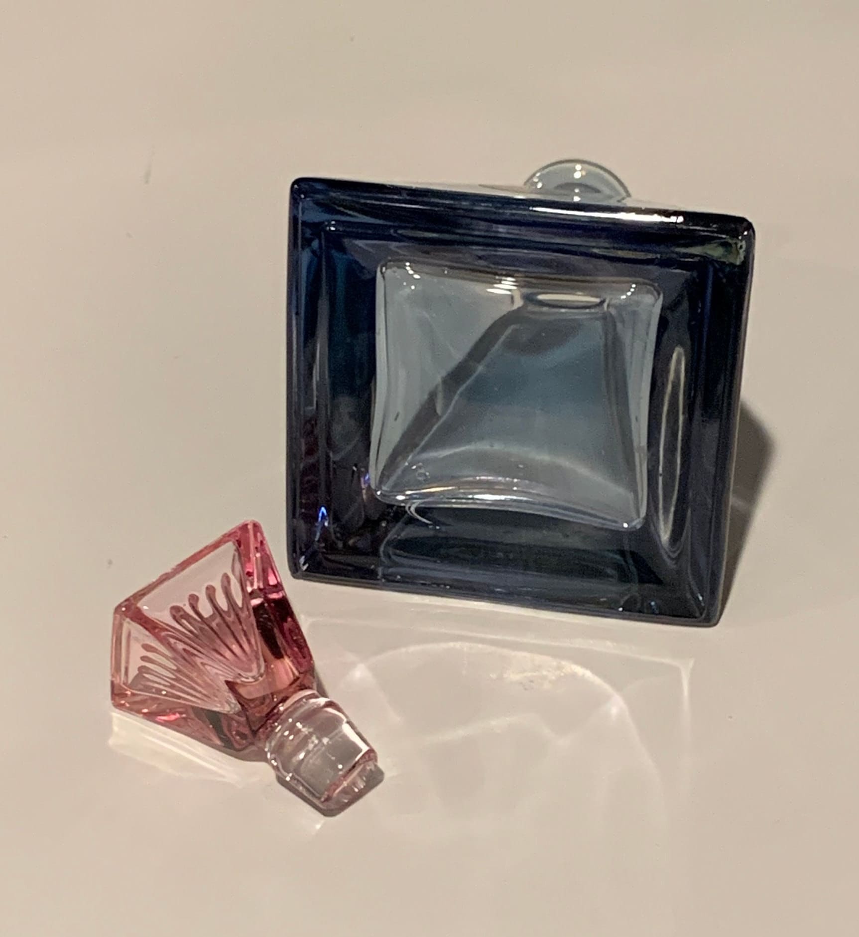 Blue Glass Pyramid Perfume Bottle With Pink Stopper Made in - Etsy