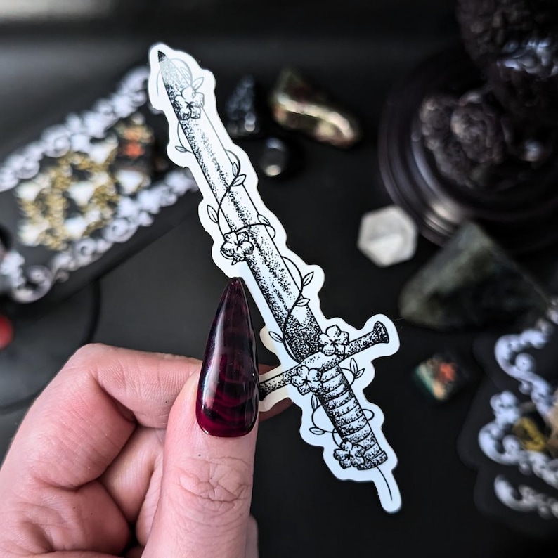 Enchanted Sword Vinyl Sticker: Tattoo Flash Floral Dagger, D&D - Etsy