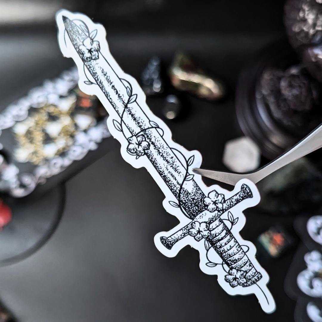 Enchanted Sword Vinyl Sticker: Tattoo Flash Floral Dagger, D&D - Etsy
