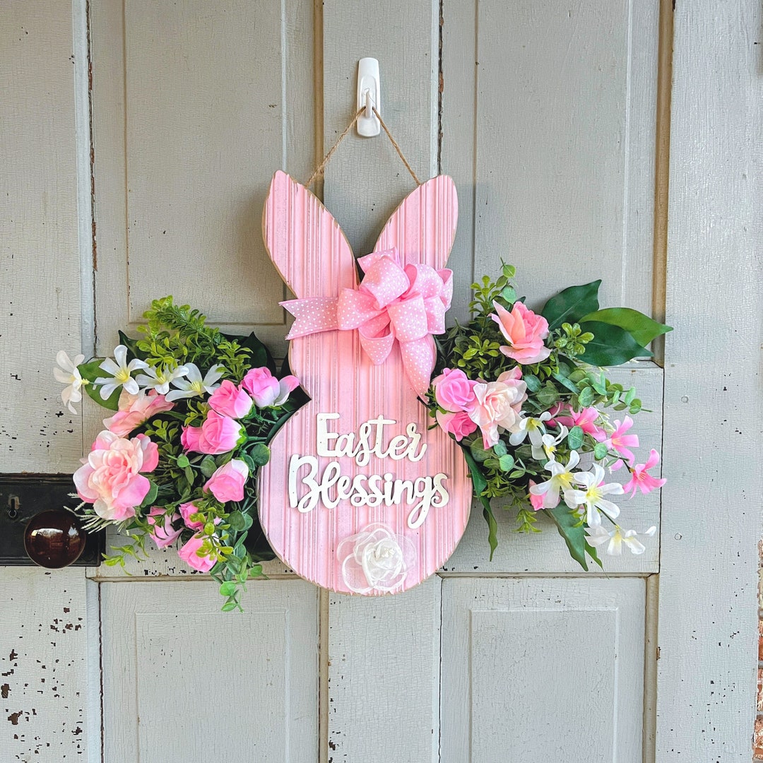 Pink Easter Bunny Door Hanger-bunny Farmhouse Wreath-wood Bunny Wreath ...