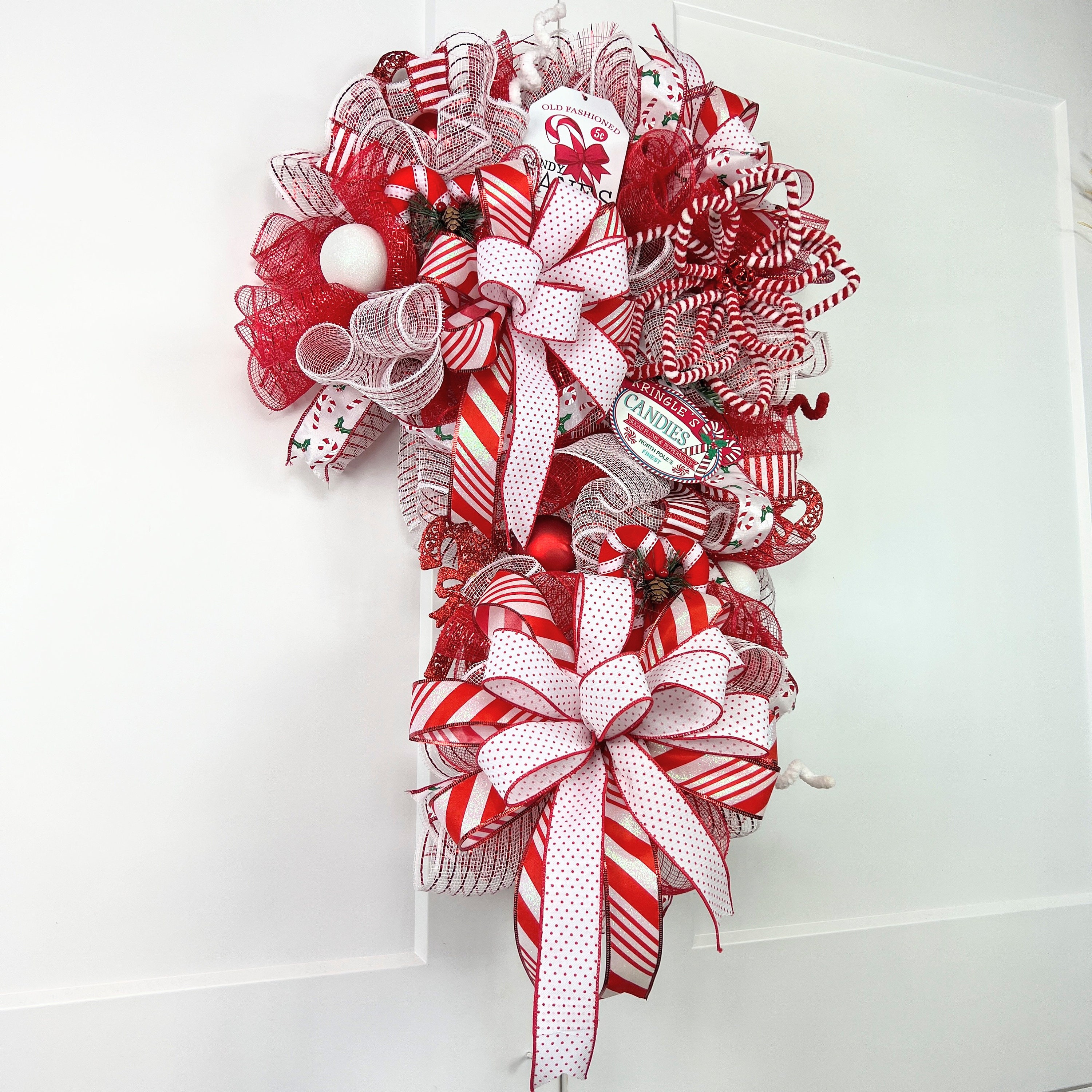 Candy Cane Christmas Wreath, Red and White Holiday Door Decor, Festive ...