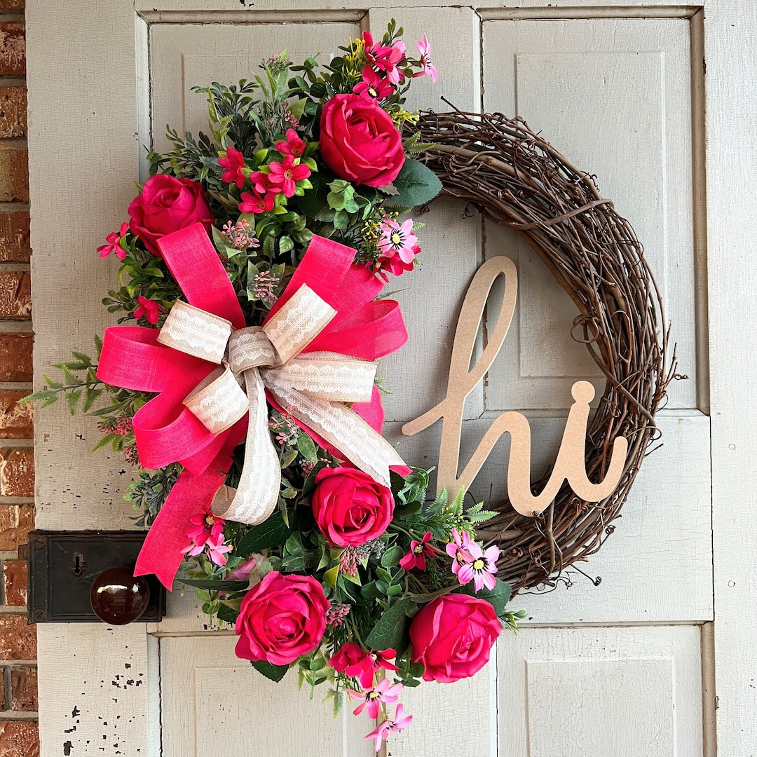 Pink Rose Grapevine Wreath, Hi Floral Wreath, Rose Welcome Wreath, Hot ...