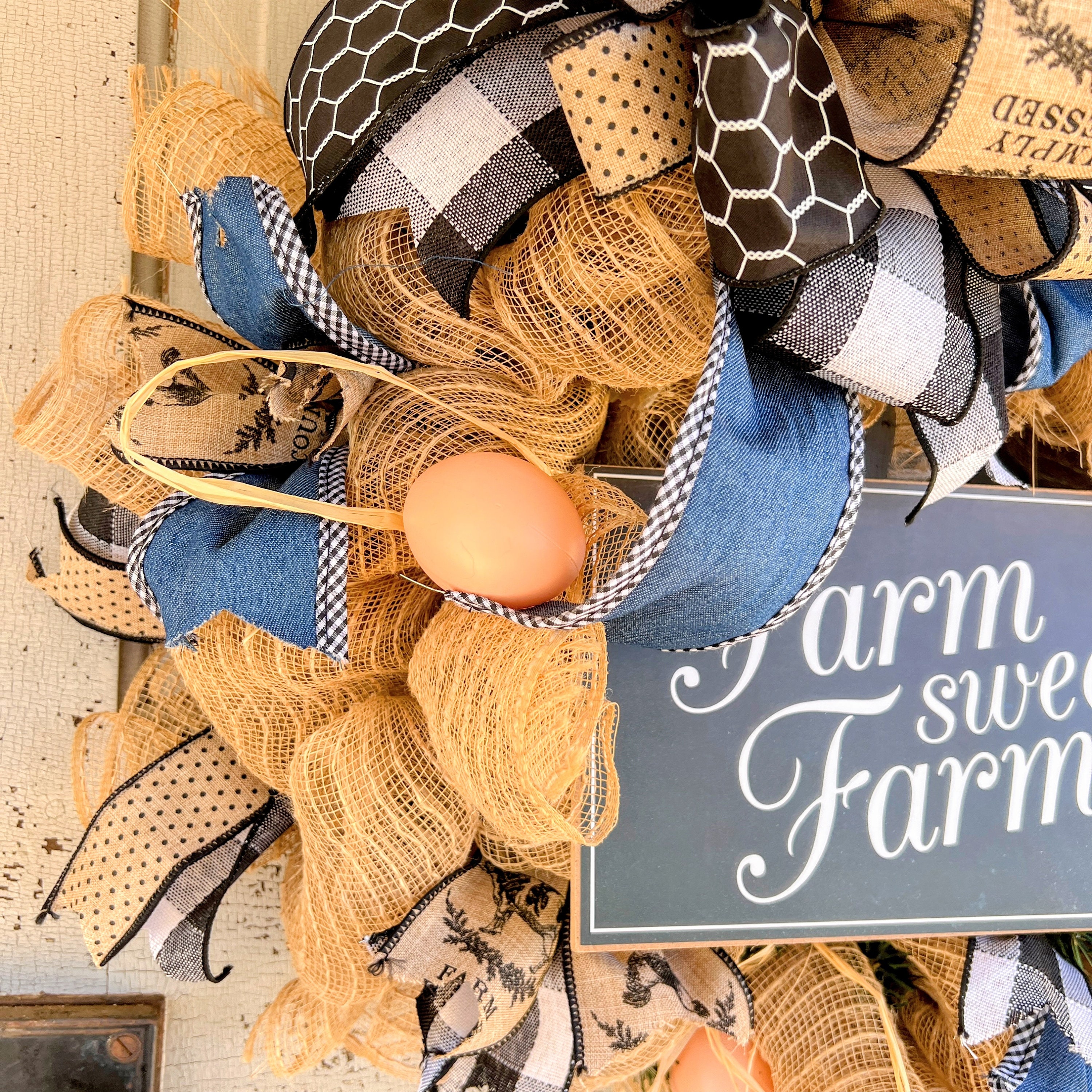 Farm Sweet Farm Wreath for Front Door, Farmhouse Mesh Porch Decor ...