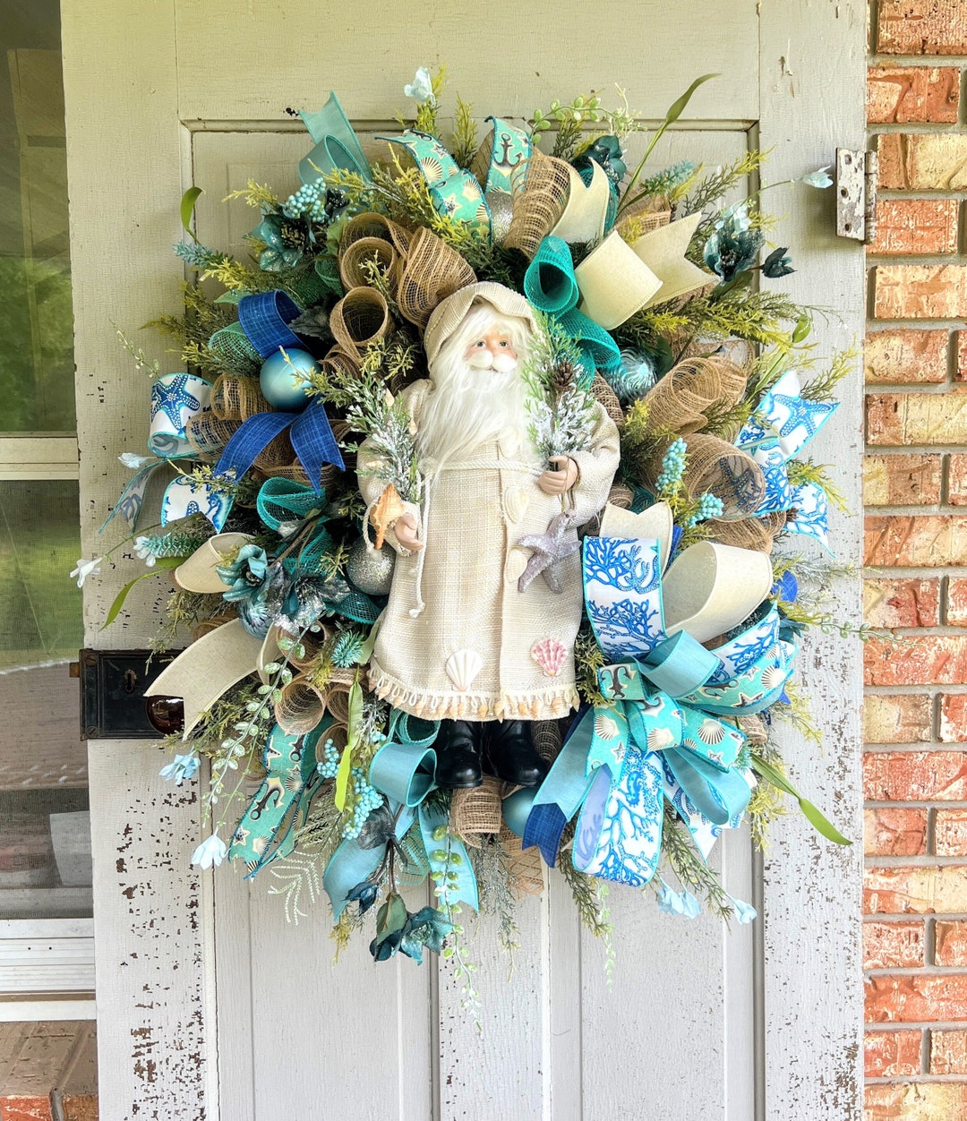 Nautical Santa Beach House Wreath-coastal Christmas Decor-seashell ...