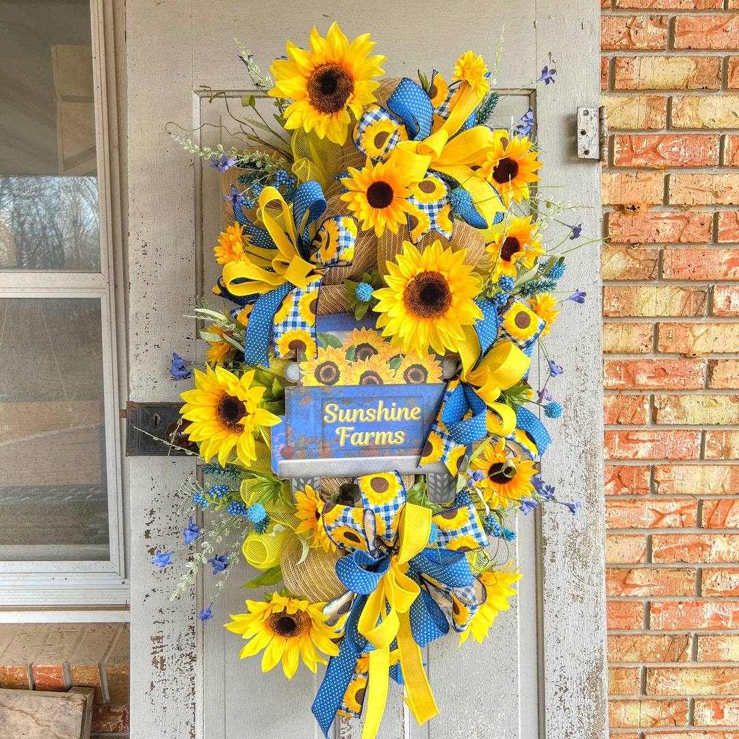 Sunflower Farmhouse Wreath With Blue Truck Sign. Rustic Charm for Your ...