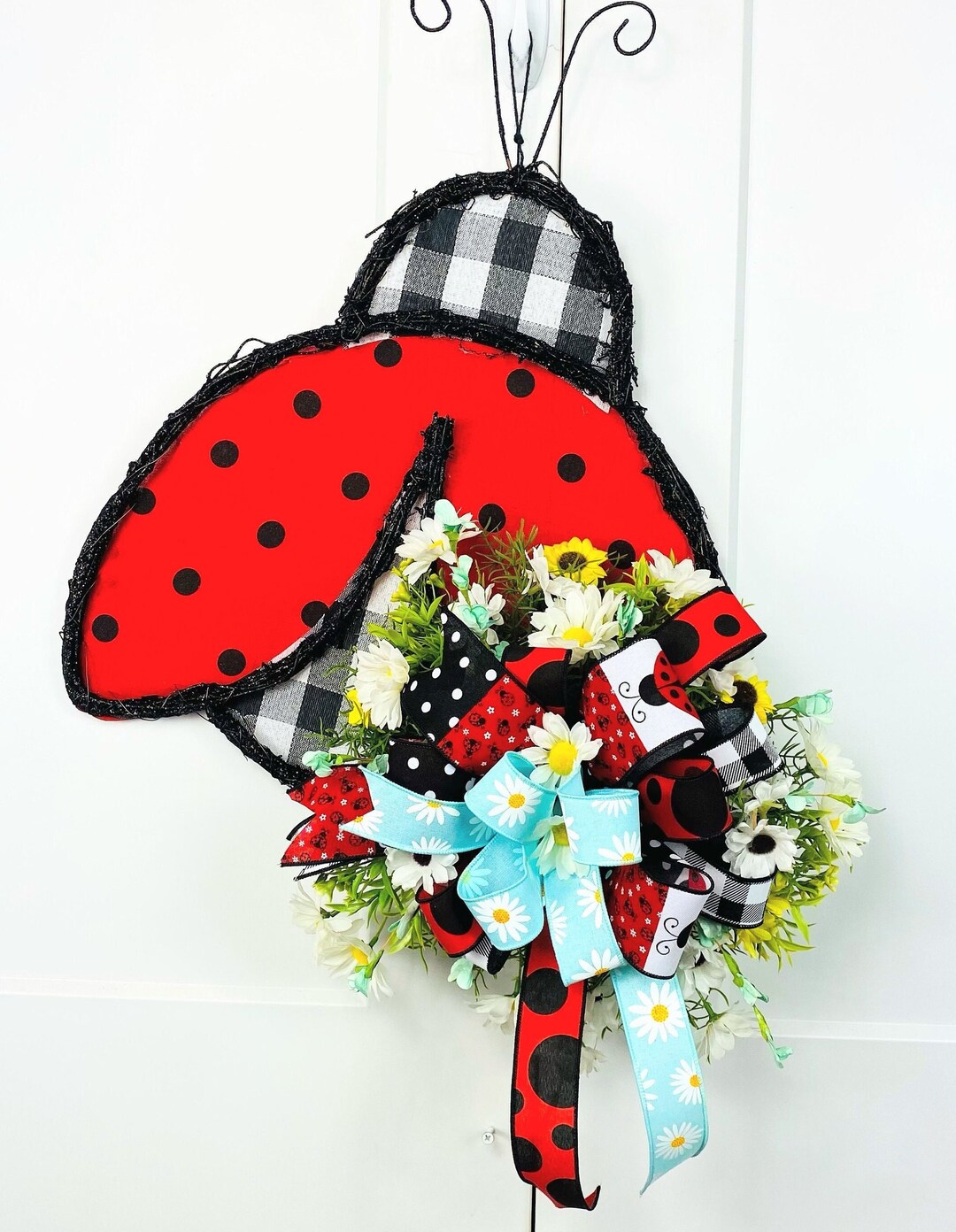Ladybug Door Hanger, Summer Ladybug Wreath, Red Kitchen Wreath, Spring ...