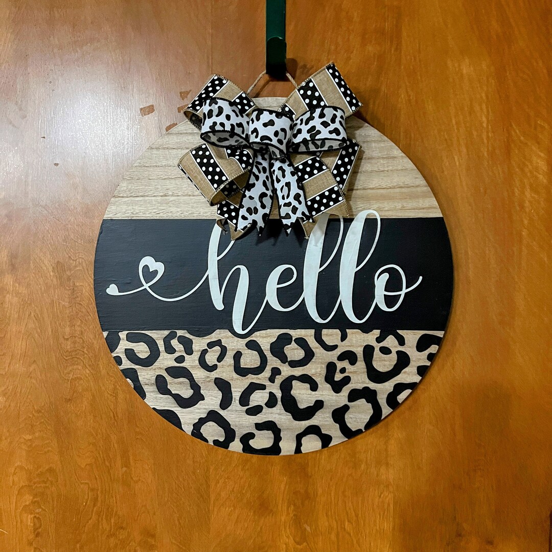 Hello Front Door Sign Leopard Print Round Wood Sign Everyday - Etsy