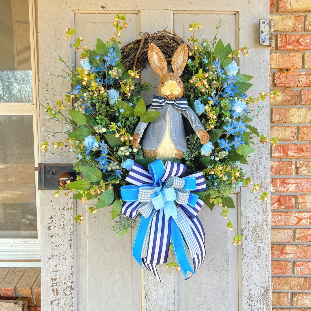 Easter Bunny Wreath, Spring Bunny Front Door, Floral Easter Wreath, Tan ...