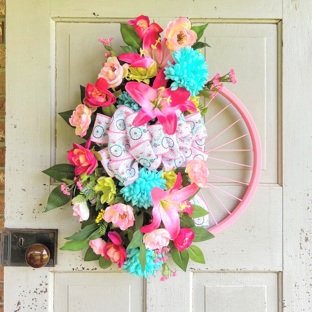 Summer Door Wreath, Beach House Decor, Spring Flower Door Hanger, Teal ...