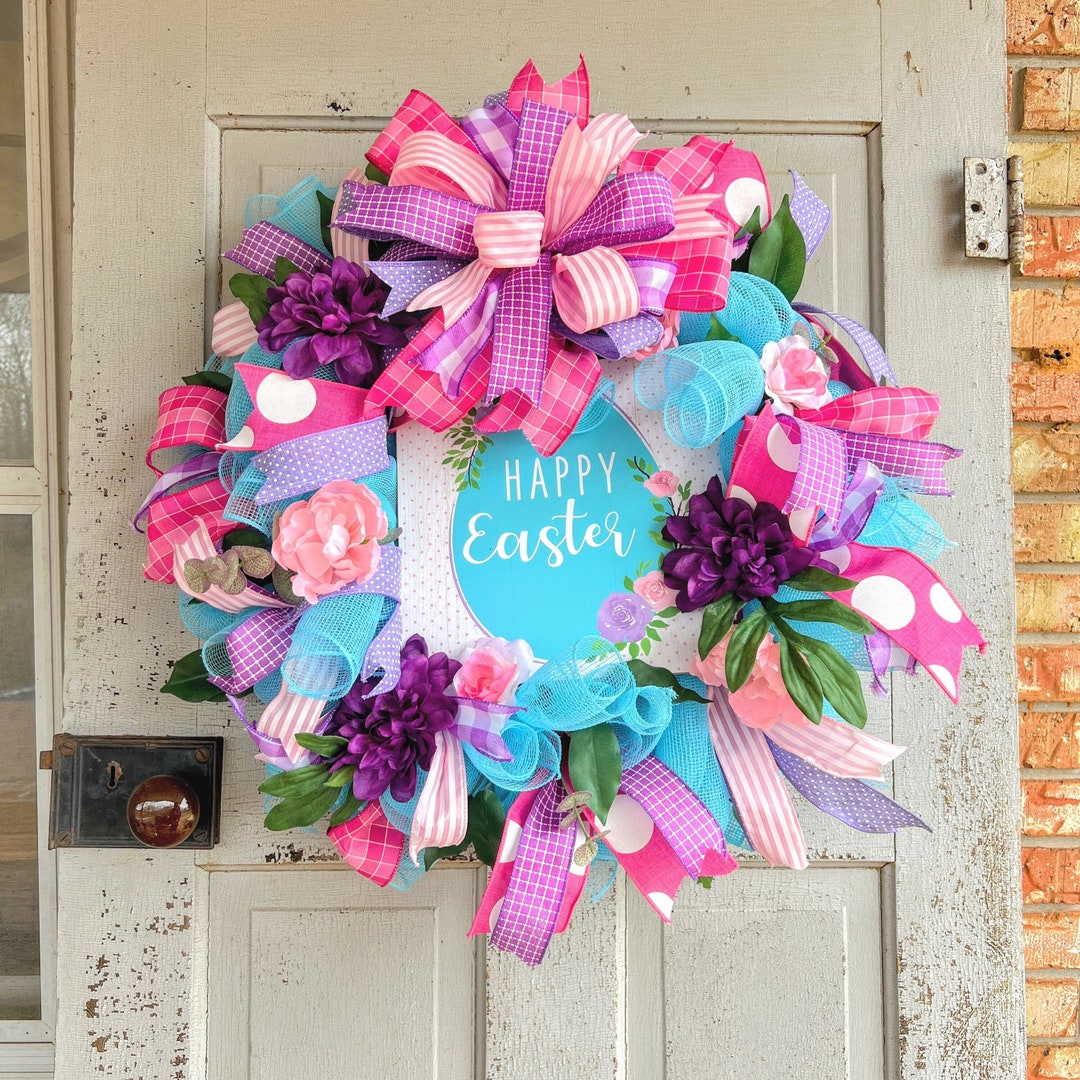 Happy Easter Wreath for Front Door-easter Egg Front Porch-spring Floral ...