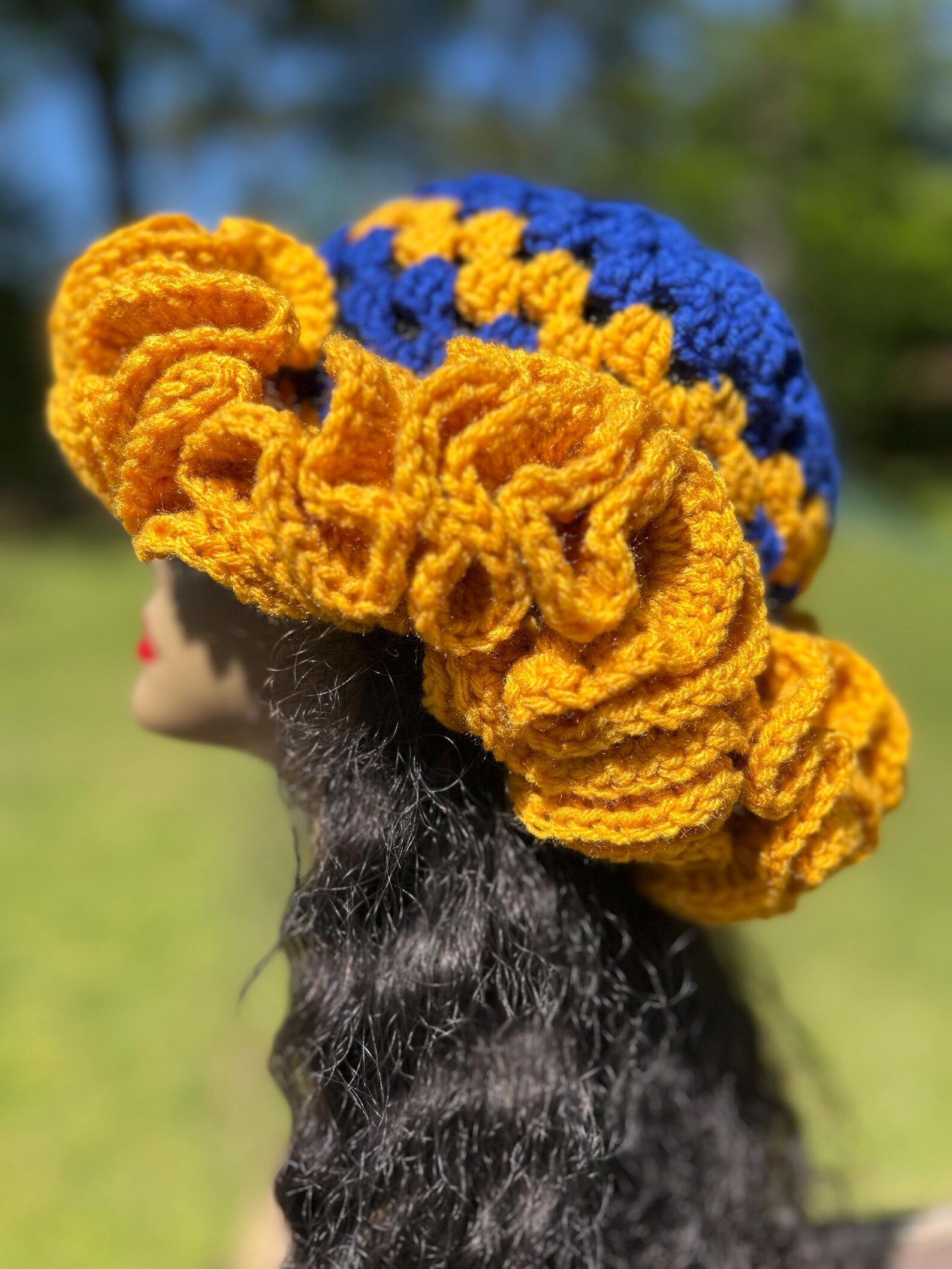 Dramatic Ruffled Granny Square Bucket Hat in Gold and Blue Inspired by ...