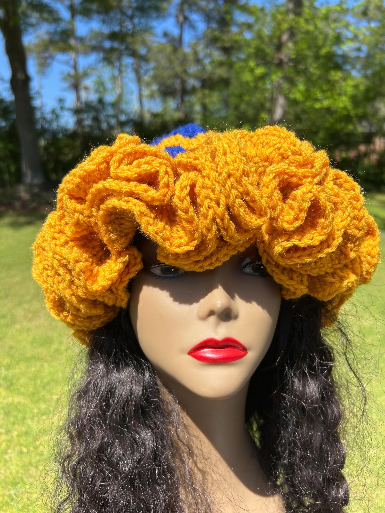 Dramatic Ruffled Granny Square Bucket Hat in Gold and Blue Inspired by ...