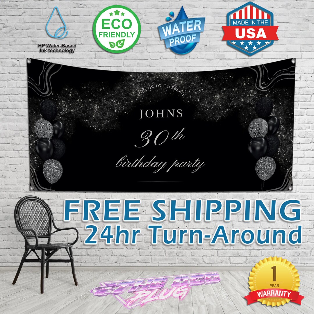 Black and Silver Birthday Banner, Modern, Elegant Birthday Banner ...