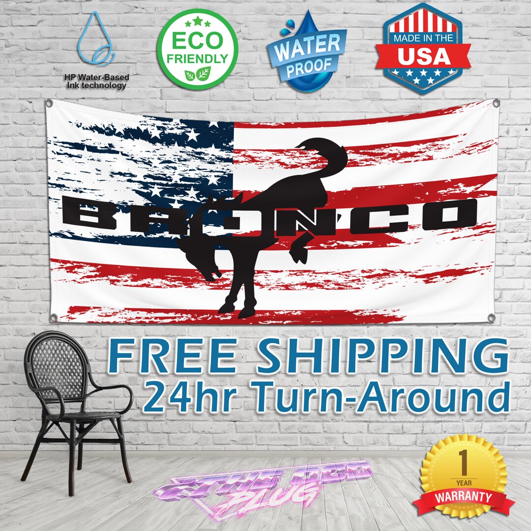 Bronco Banner, Ford, Garage Art, Wall Art, Man Cave Banners, Red, White ...