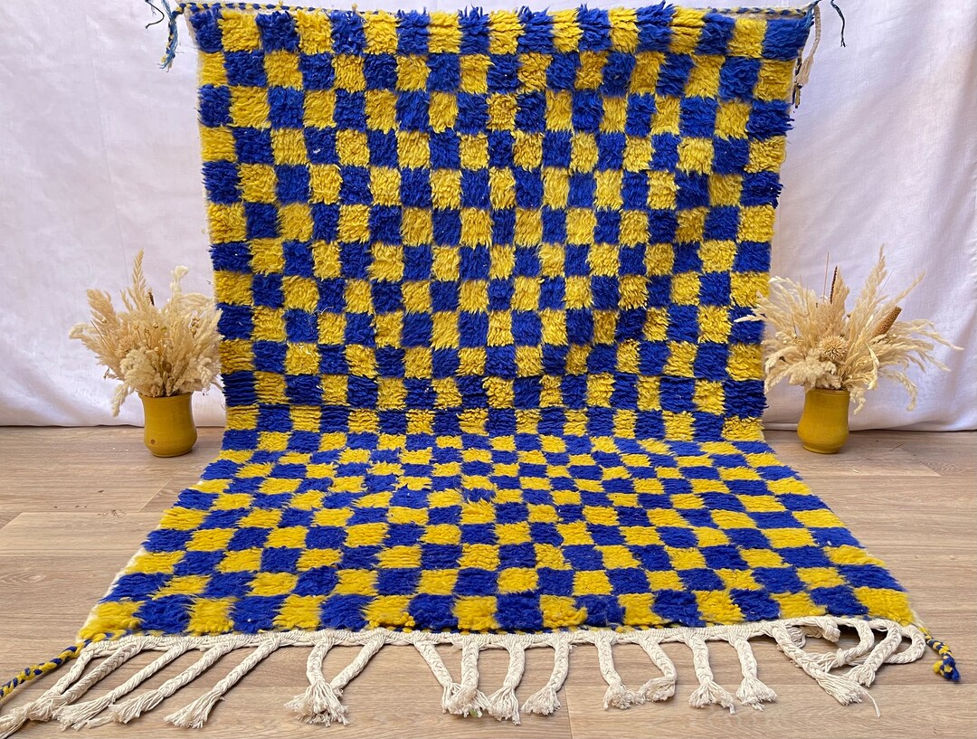 AMAZING CHECKERED RUG ,blue and Yellow Rug 3x5 , New Home Gift , Small ...