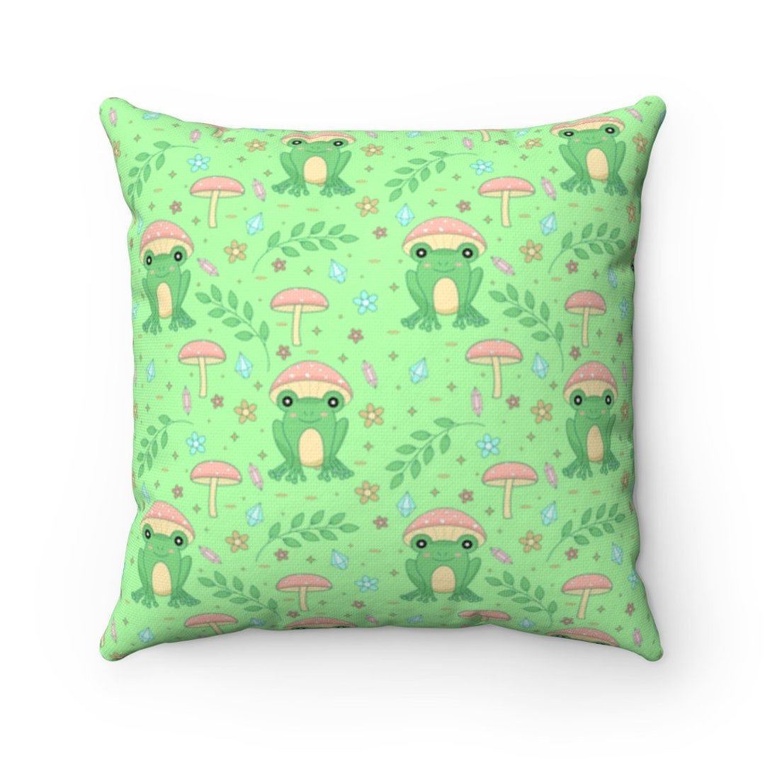 Cottagecore Kawaii Frog Pillow | Cute Green Frog Mushroom Square Throw ...
