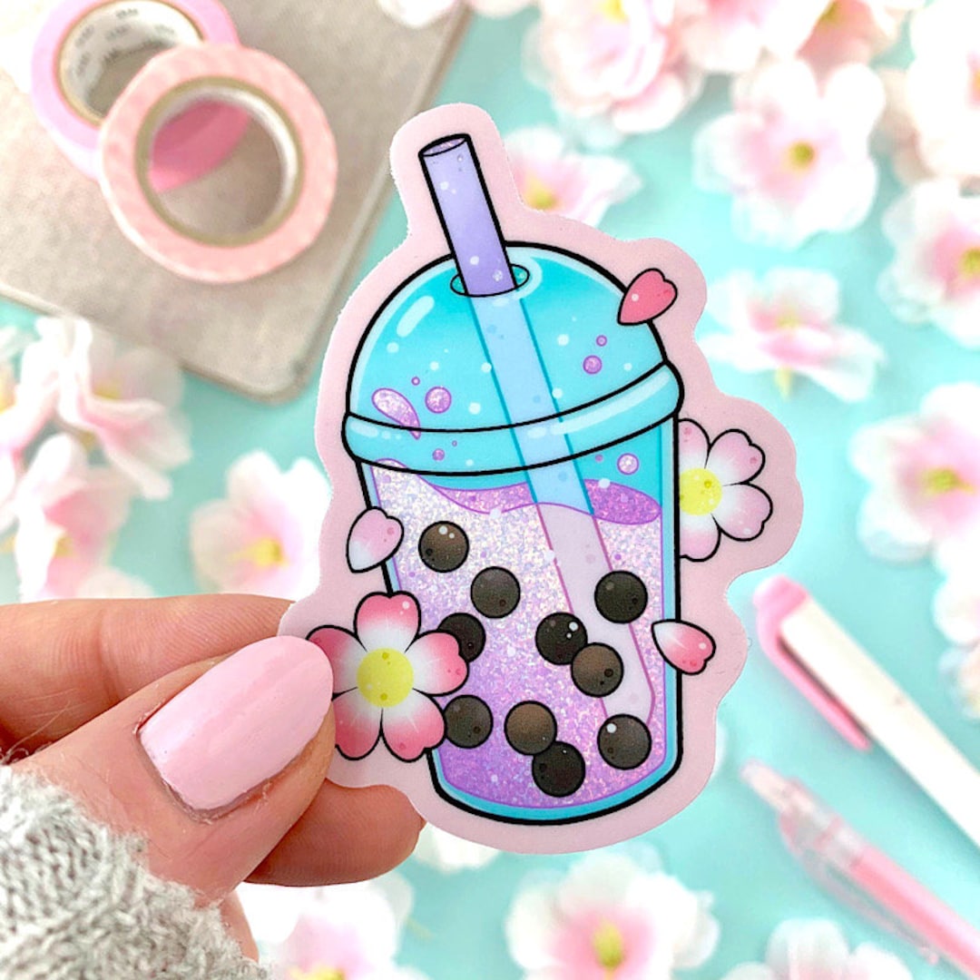 GLITTER Taro Boba Drink With Sakura Cherry Blossoms STICKER by Michelle ...
