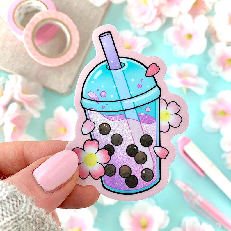 GLITTER Taro Boba Drink With Sakura Cherry Blossoms STICKER by - Etsy