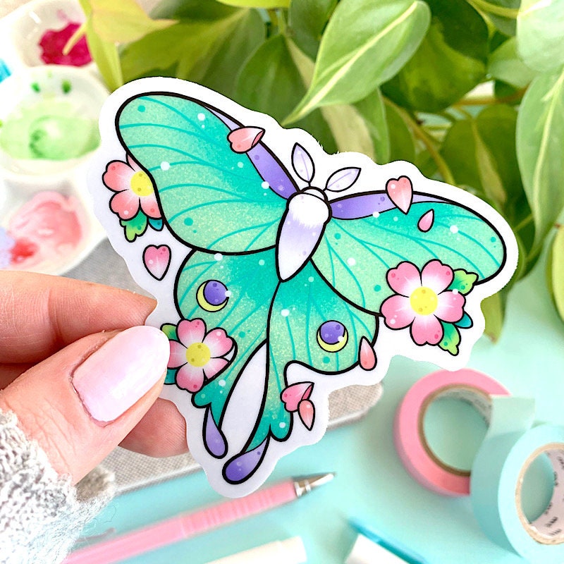 GLITTER Luna Moth With Sakura Cherry Blossoms Flower Tattoo STICKER by ...