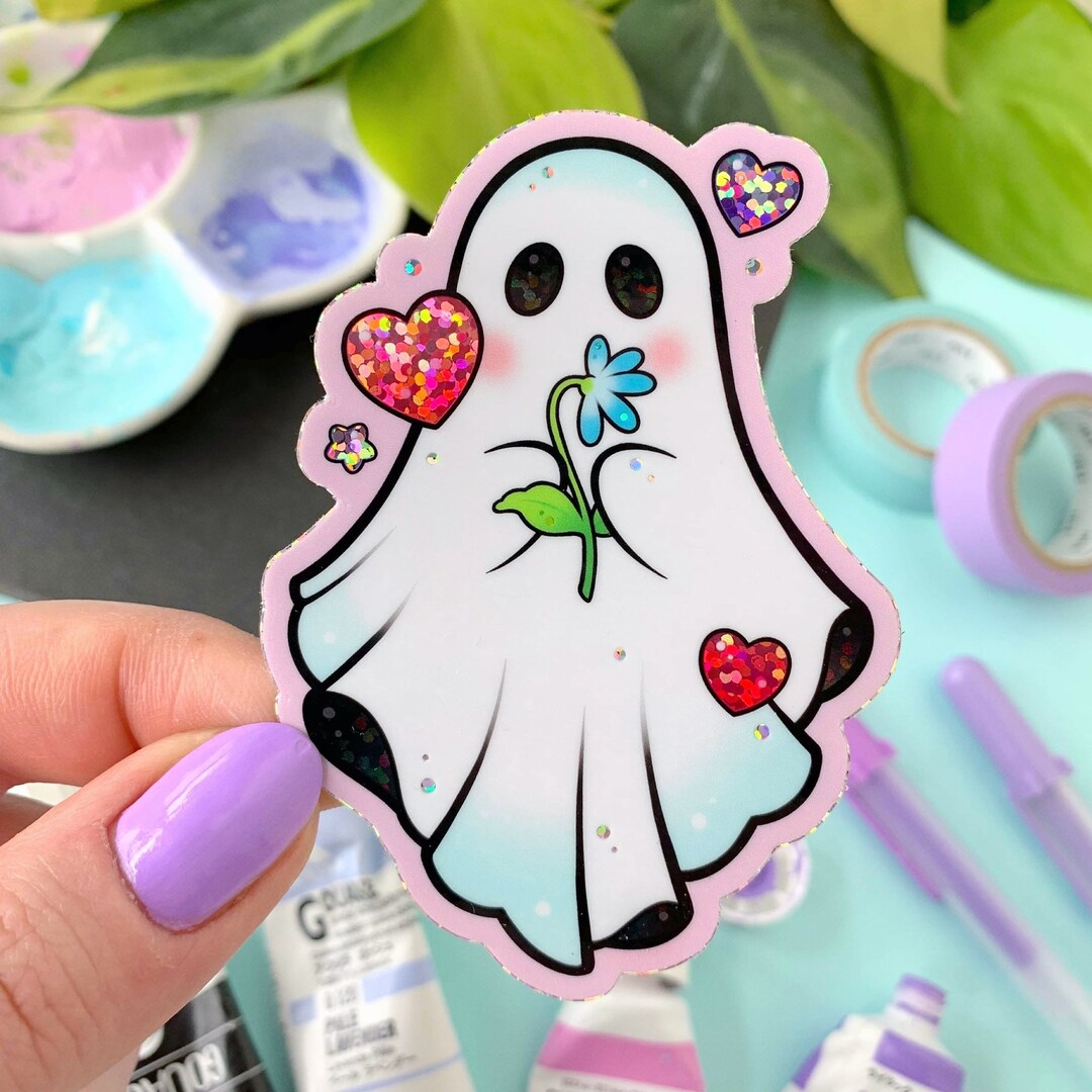 GLITTER Ghost With Flowers and Hearts Spooky Creepy Cute Halloween ...