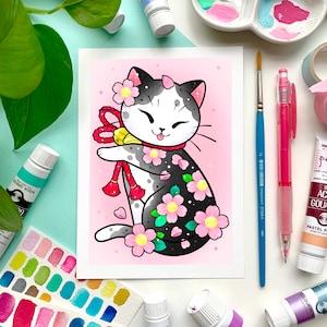 Ukiyo-e Irezumi Tattoo Neko Cat With Sakura Cherry Blossoms PRINT by ...