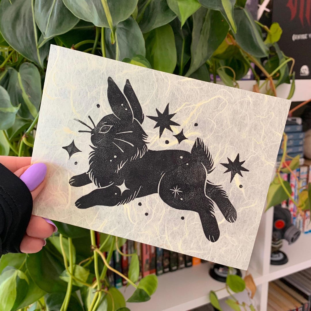 Tsuki Bunny Celestial Rabbit and Stars on Yellow Washi Paper Linocut ...
