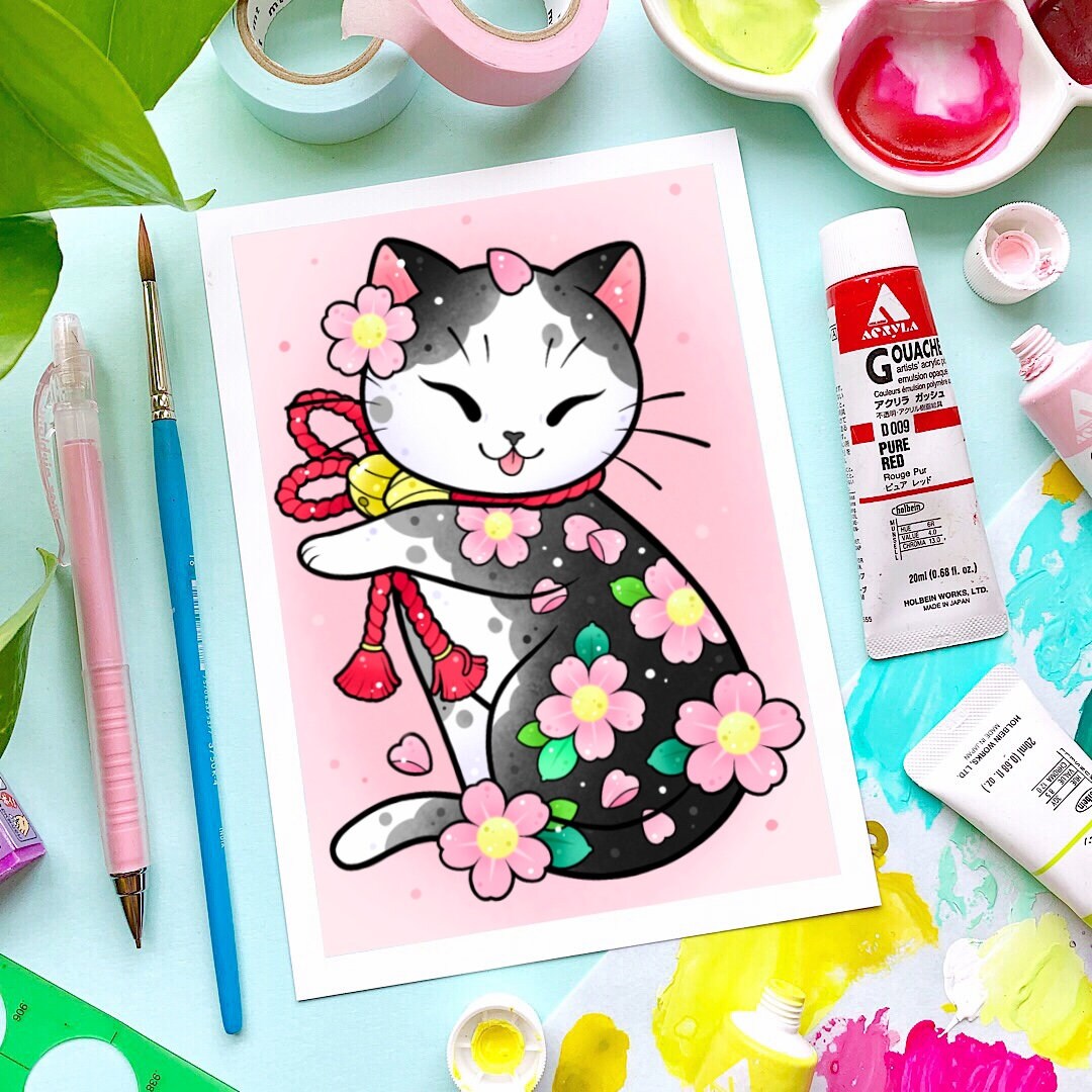 Ukiyo-e Irezumi Tattoo Neko Cat With Sakura Cherry Blossoms PRINT by ...
