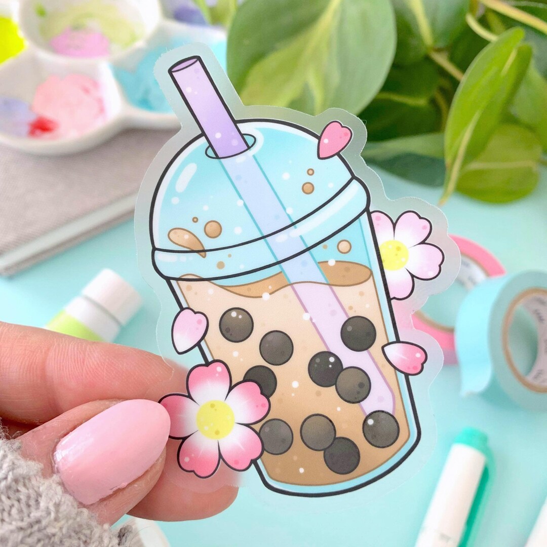 CLEAR Milk Tea Boba Drink With Sakura Cherry Blossoms STICKER by ...