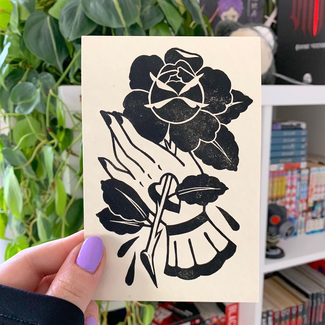 Hand and Rose Tattoo Flash Linocut Block PRINT by Michelle Coffee - Etsy