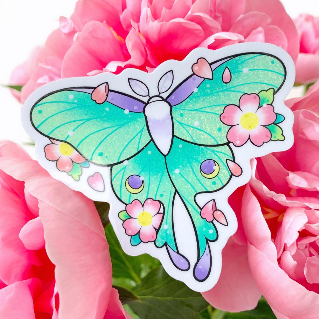 GLITTER Luna Moth With Sakura Cherry Blossoms Flower Tattoo STICKER by ...