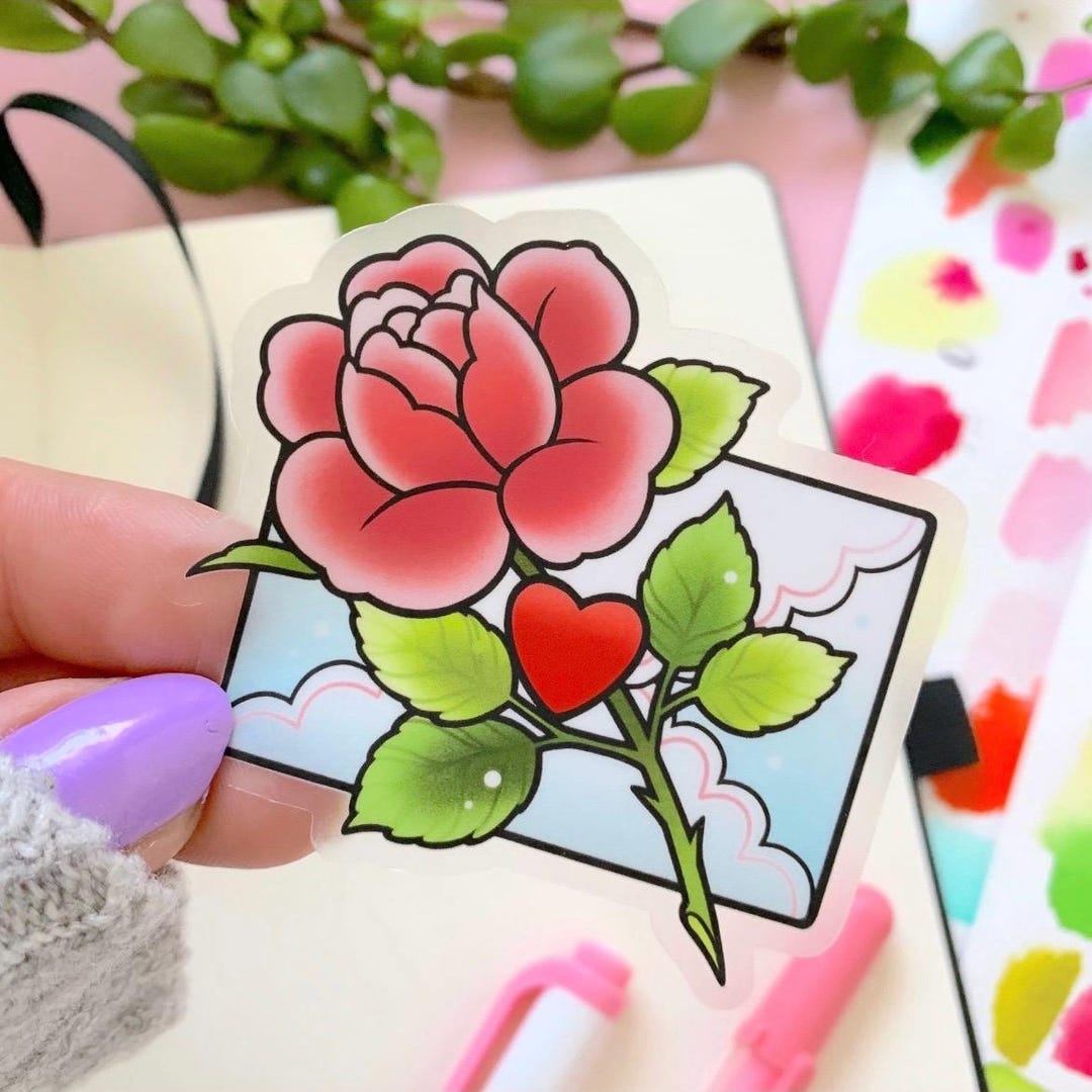 CLEAR Love Letter & Rose Valentine's Day Victorian Tattoo Flash Sticker ...
