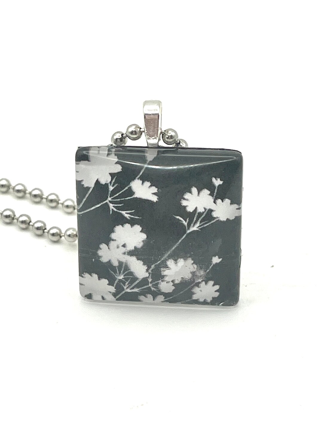 Glass Tile Pendant With Abstract Black and White Floral Design. - Etsy