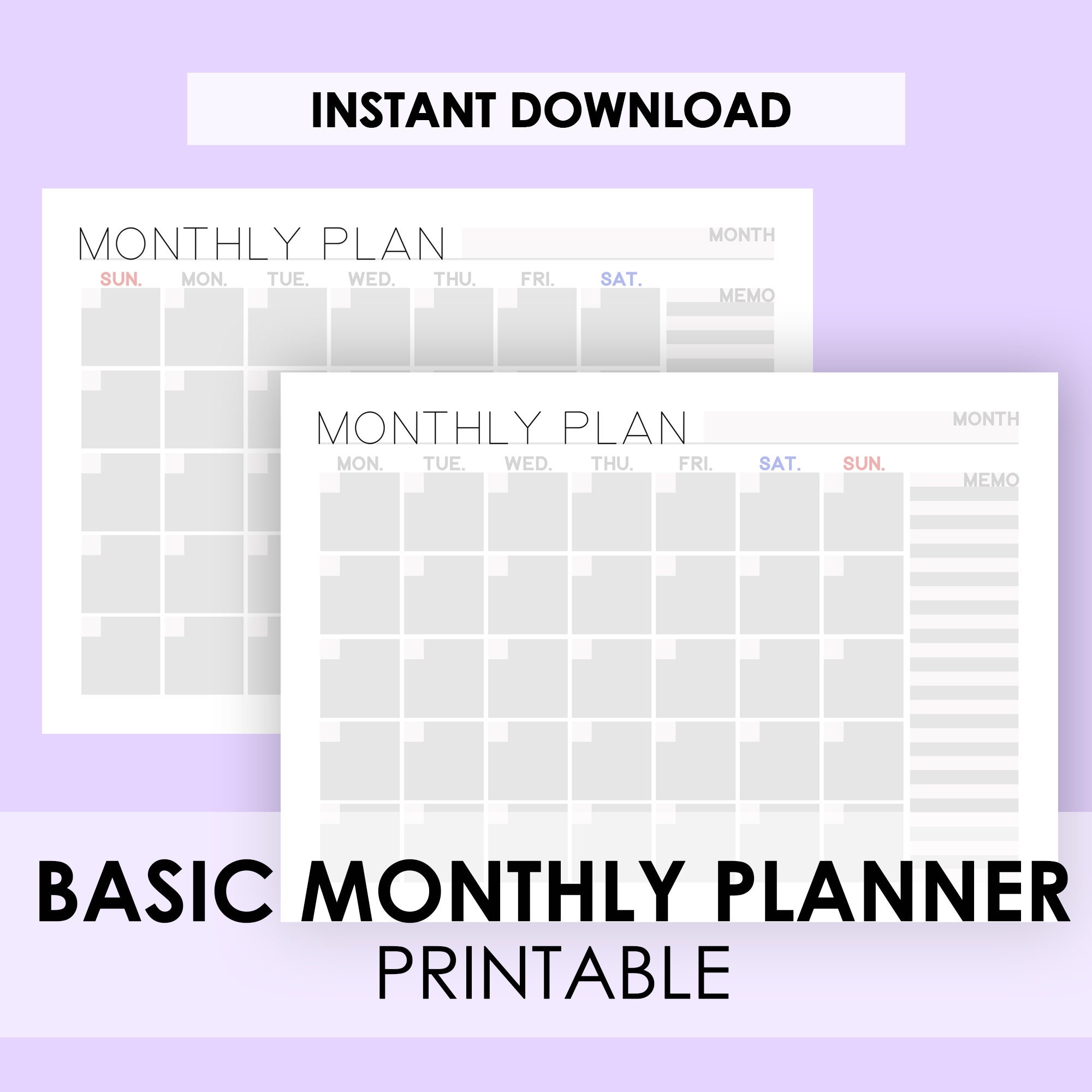 Simple Monthly Planner Printable, Modern Basic Digital Templates ...
