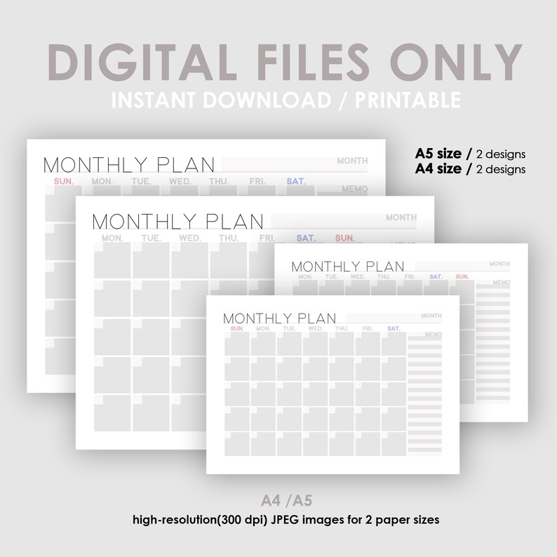Simple Monthly Planner Printable, Modern Basic Digital Templates ...