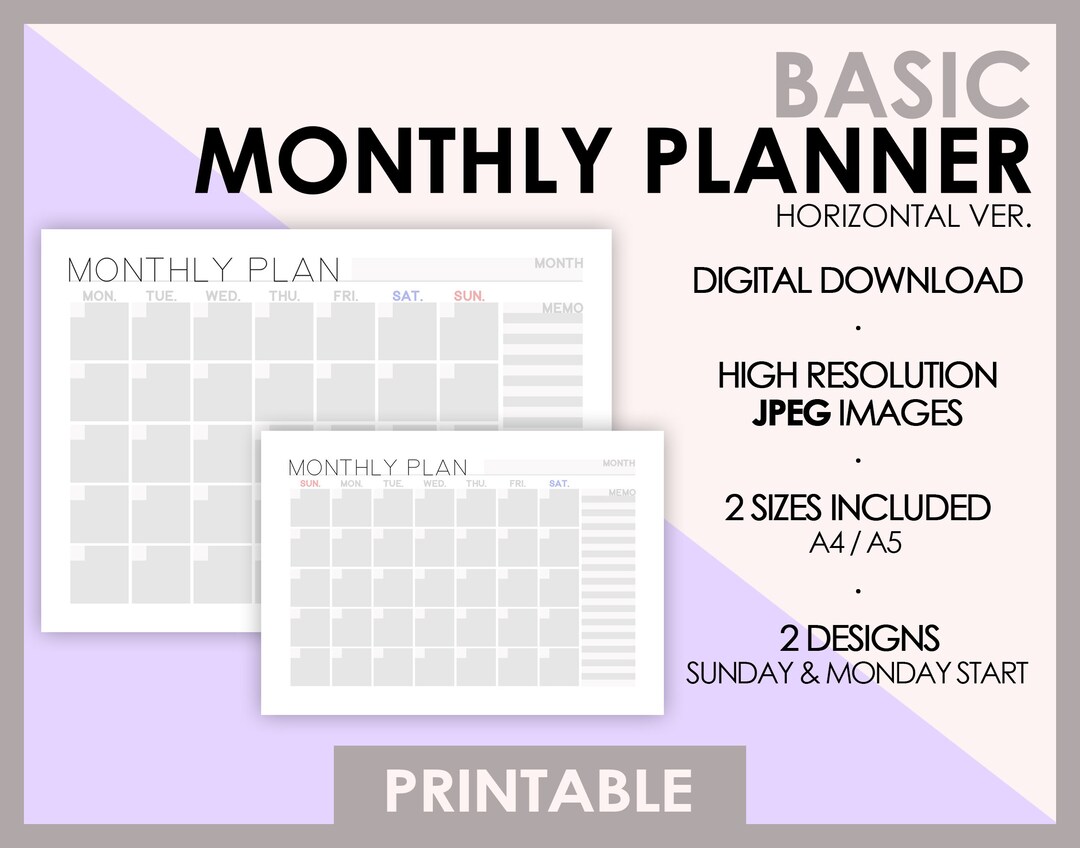 Simple Monthly Planner Printable, Modern Basic Digital Templates ...