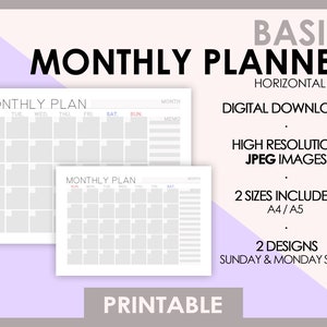Simple Monthly Planner Printable, Modern Basic Digital Templates ...