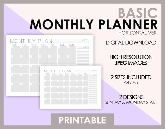 Simple Monthly Planner Printable Modern Basic Digital | Etsy