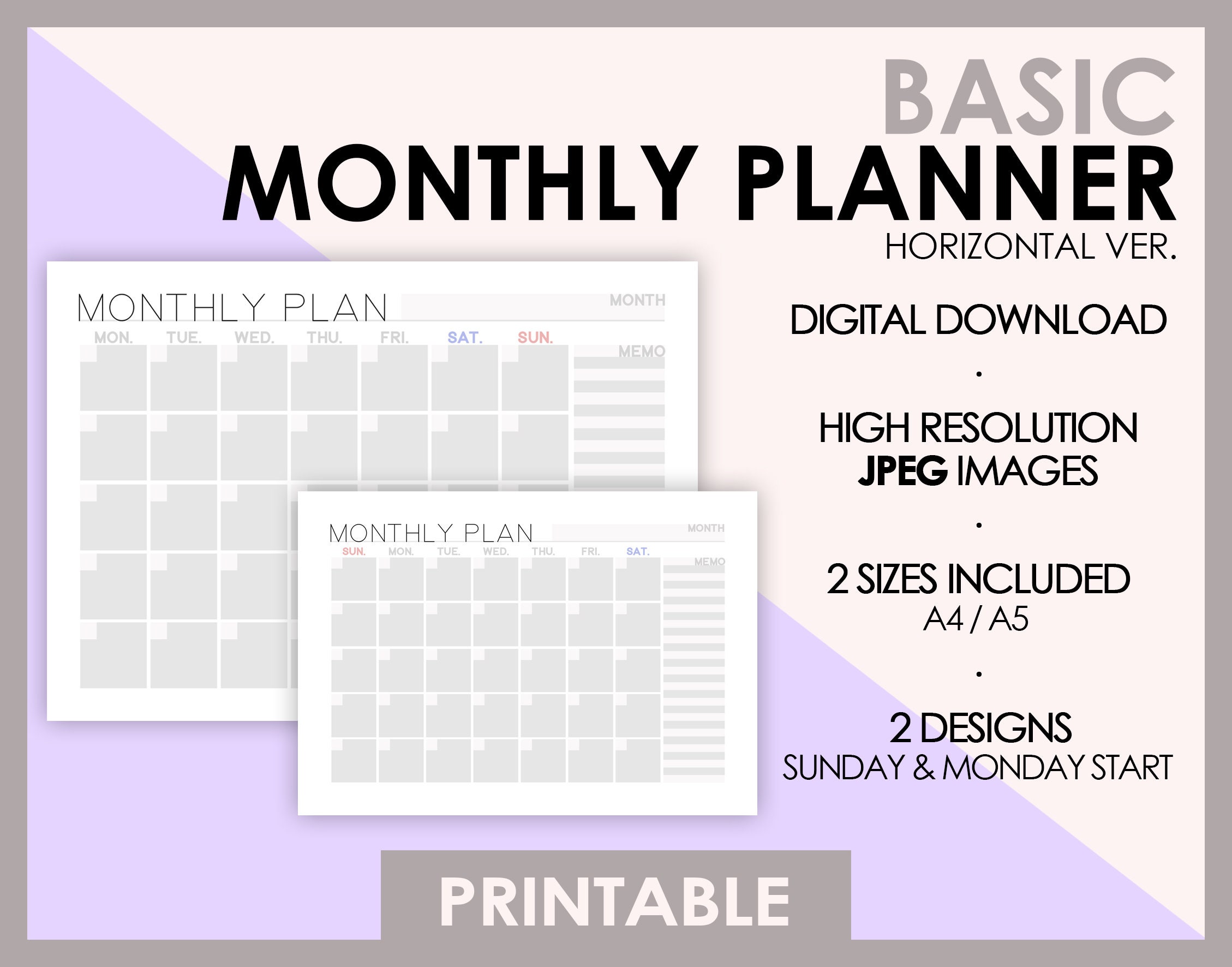 Simple Monthly Planner Printable, Modern Basic Digital Templates ...