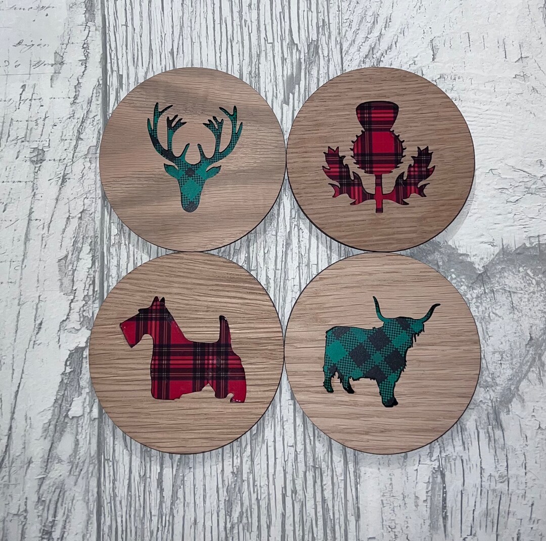 Scottish 2 Layer Wooden Coasters / Oak Veneer / Tartan Plaid Pattern ...