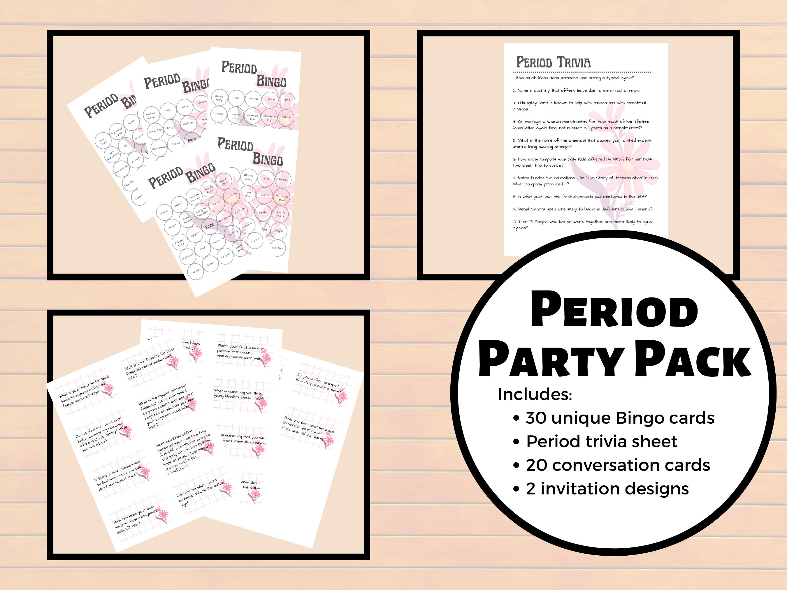 Period Party Pack, Gift for Girl Whos Starting Her Period, Period Bingo ...